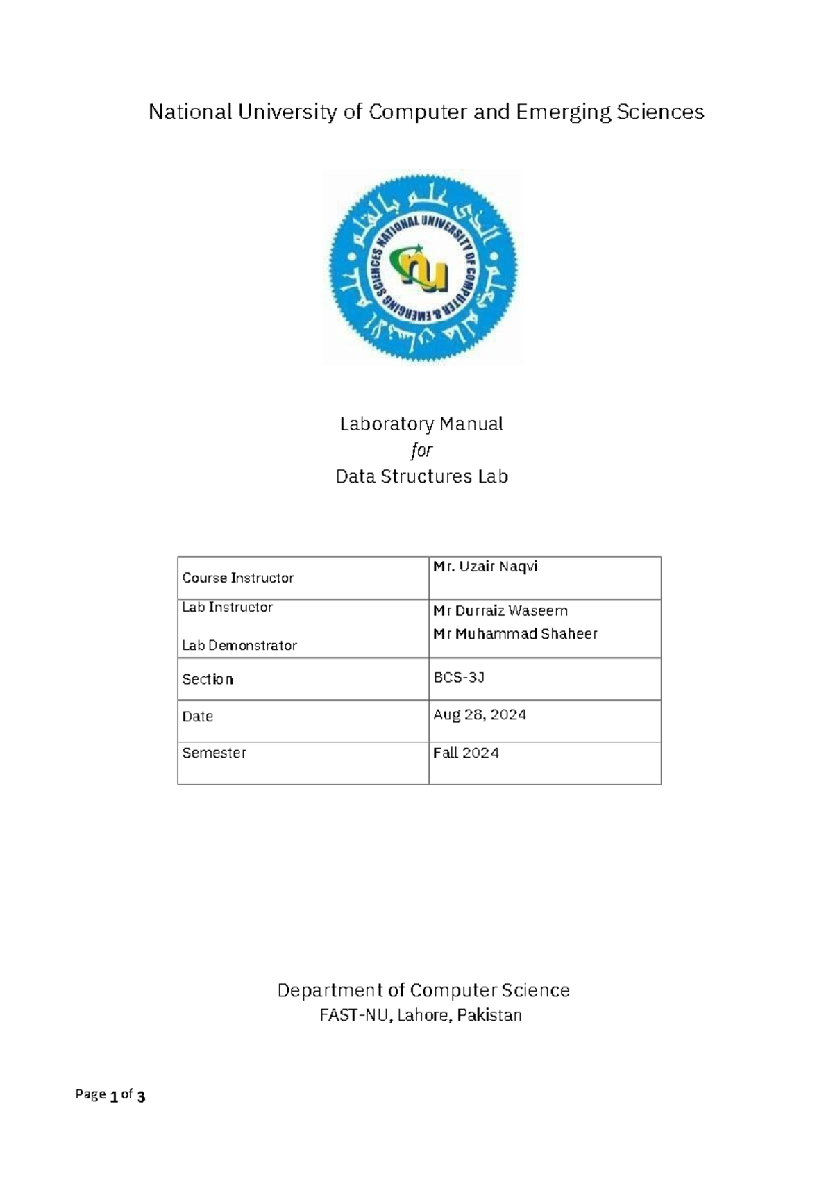 Data Structures Lab Manual (BSCS-3J) - Fall 2024 Guide - Studocu