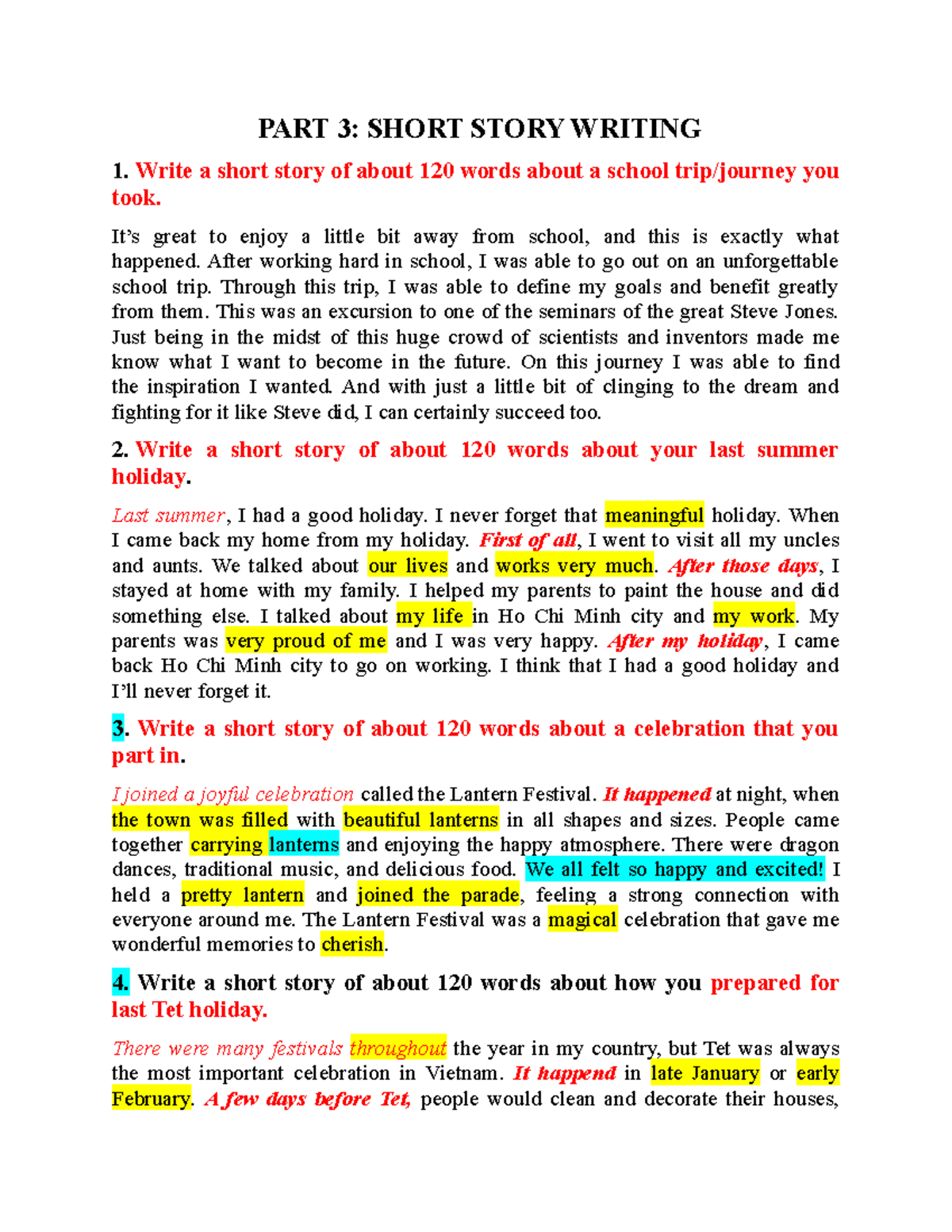 PART 3: Short Story Writing - Memorable Experiences & Celebrations ...