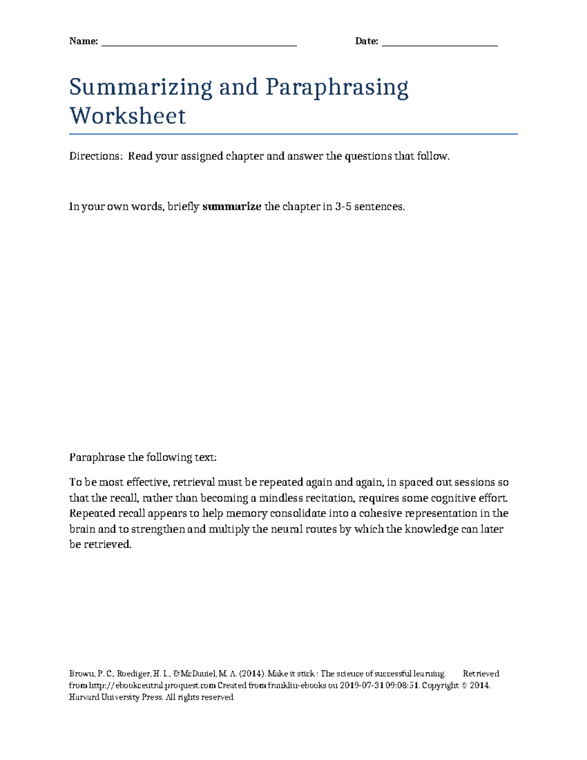 Summarizing & Paraphrasing Worksheet for Chapter Review - Studocu