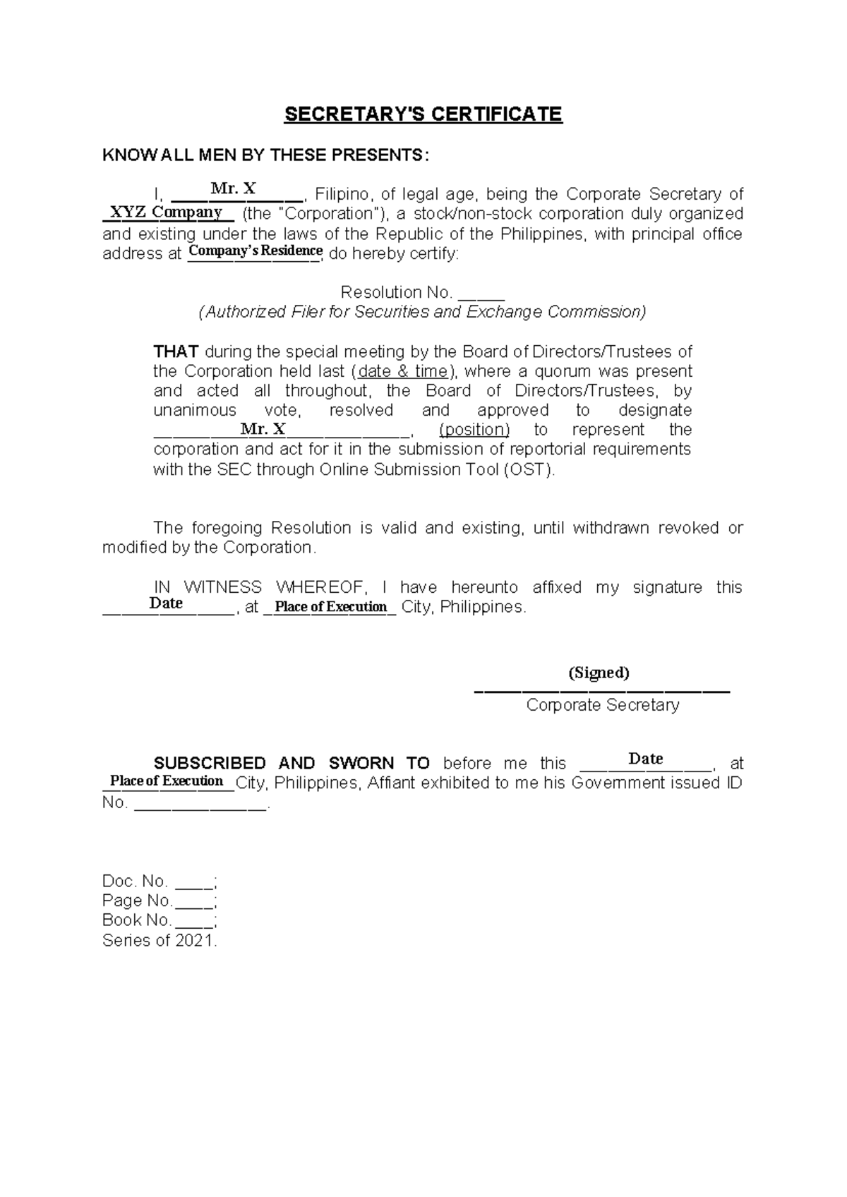 Secretary's Certificate Sample Template for Corporate Meetings - Studocu