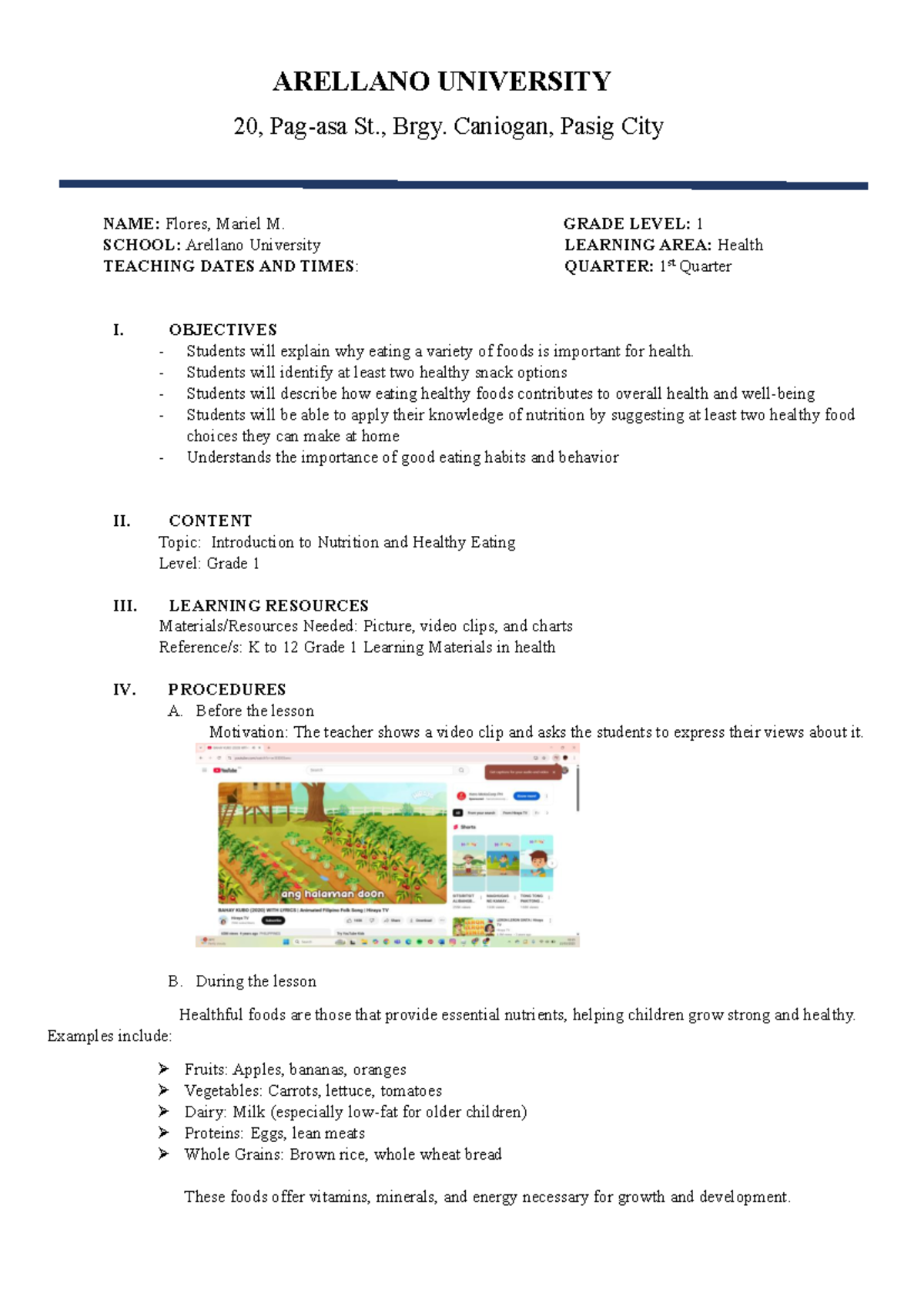 Health lesson plan for grade 1: Introduction to nutrition and healthy ...