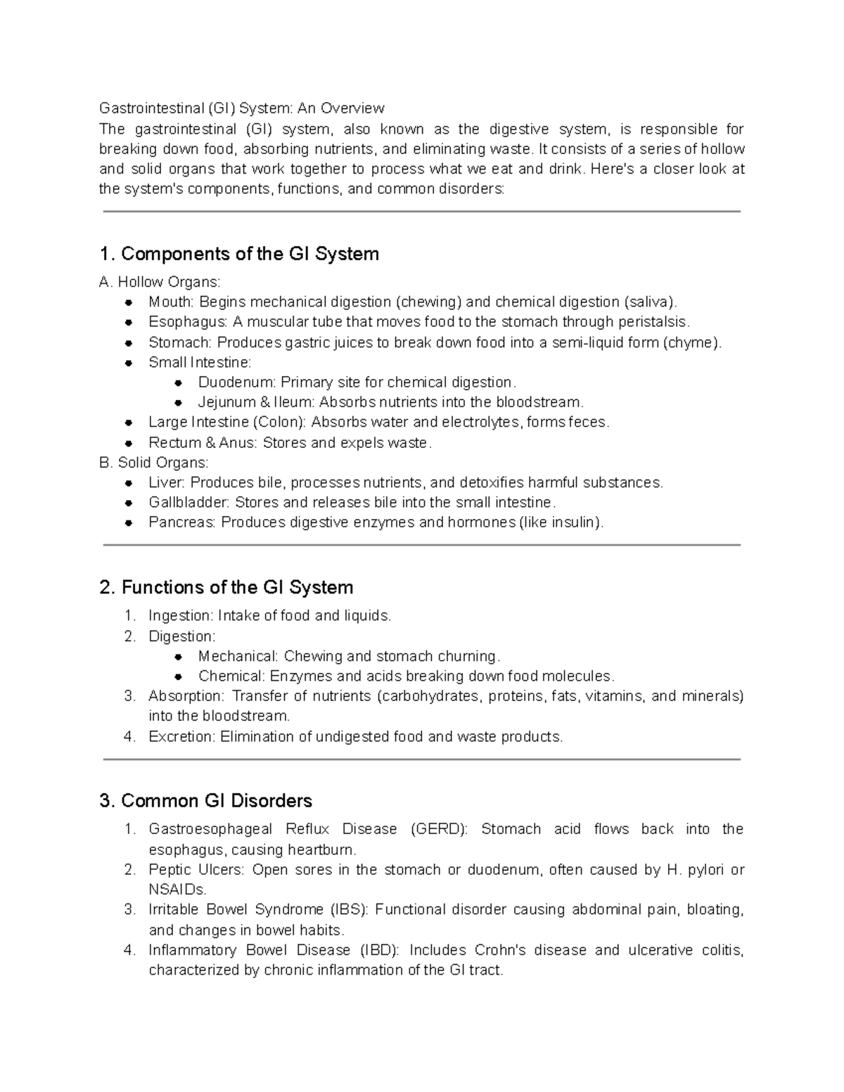 Gastrointestinal System - Lecture Notes Overview and Disorders - Studocu