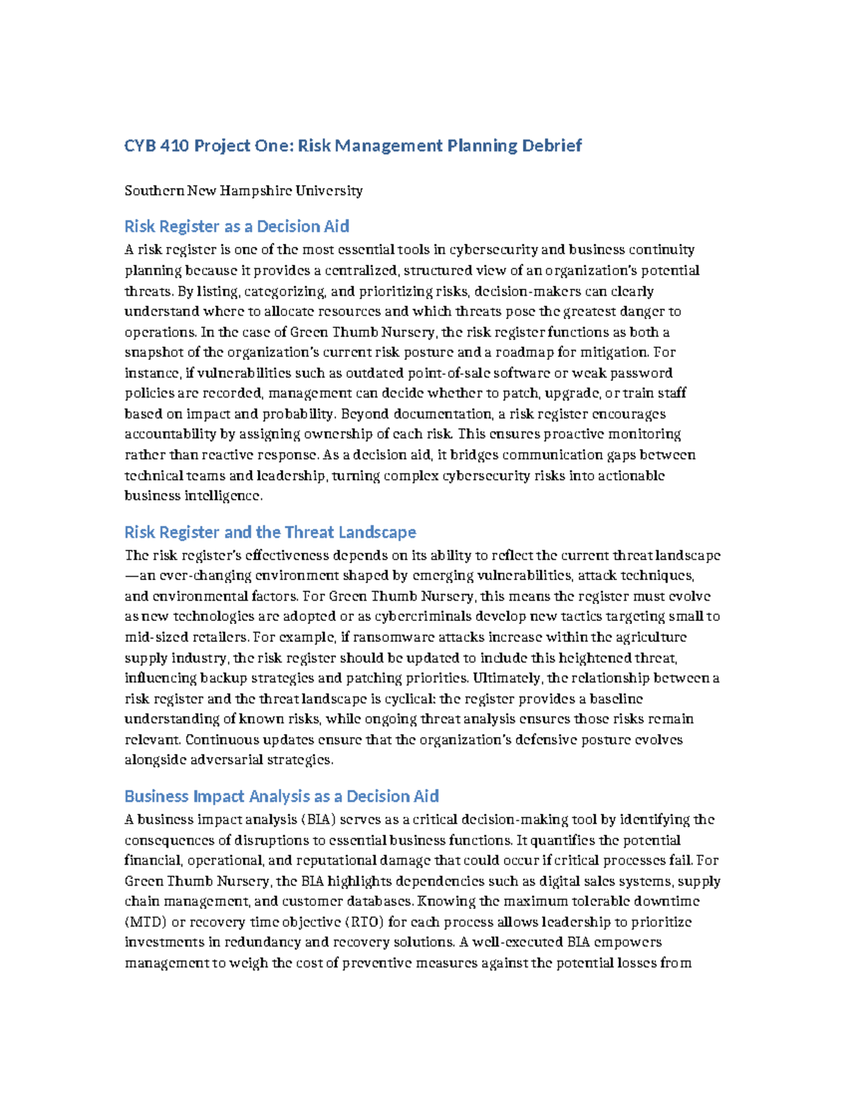 CYB 410 Project One: Risk Management Planning & Analysis - Studocu