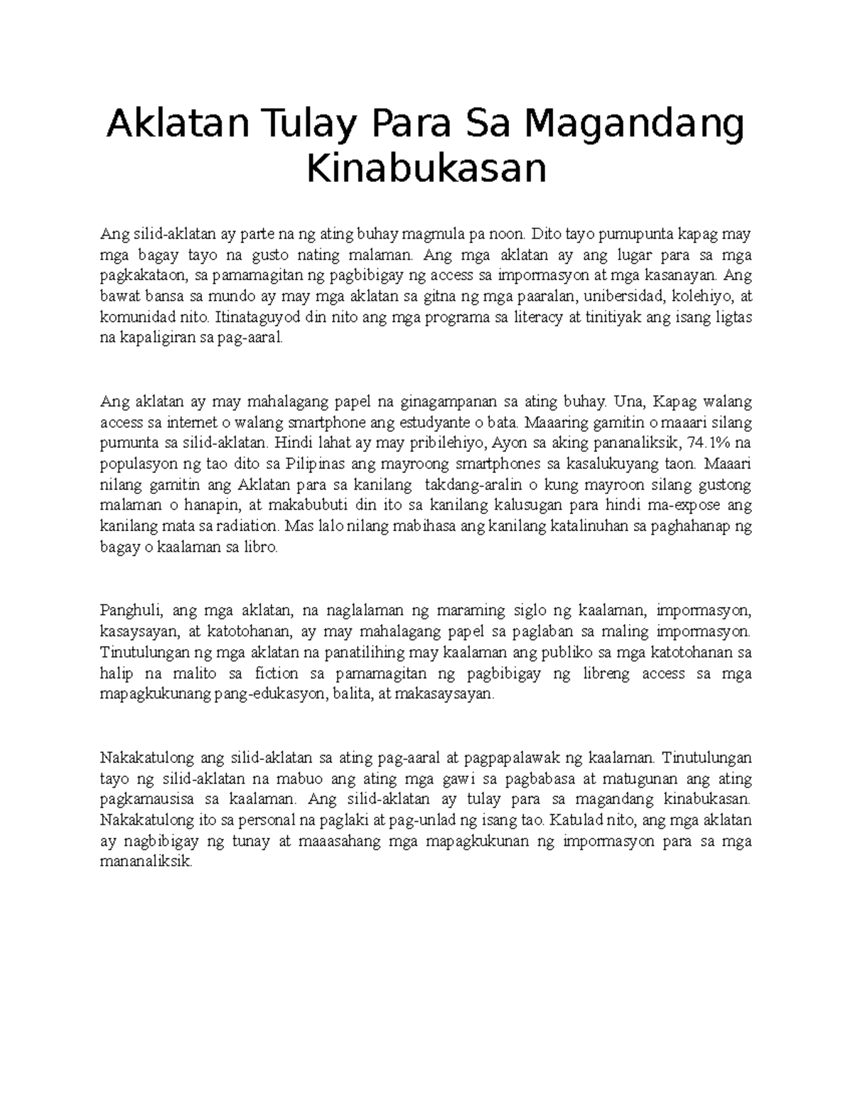 Kahalagahan ng Aklatan sa Pag-aaral at Kinabukasan ng Mag-aaral - Studocu