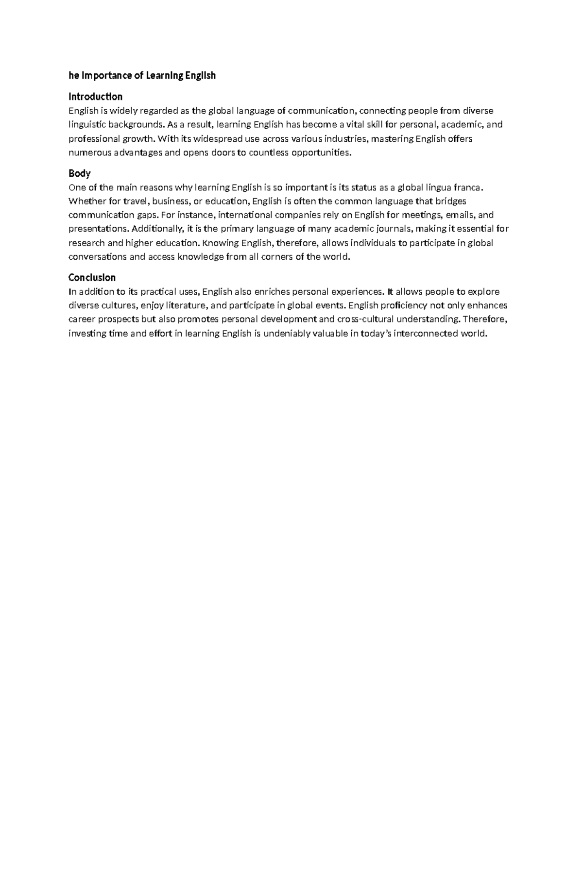 He Importance of Learning English - he Importance of Learning English ...