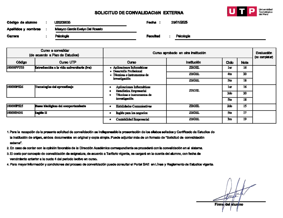 Solicitud de Convalidación Externa UTP - Psicología U20209535 - Studocu