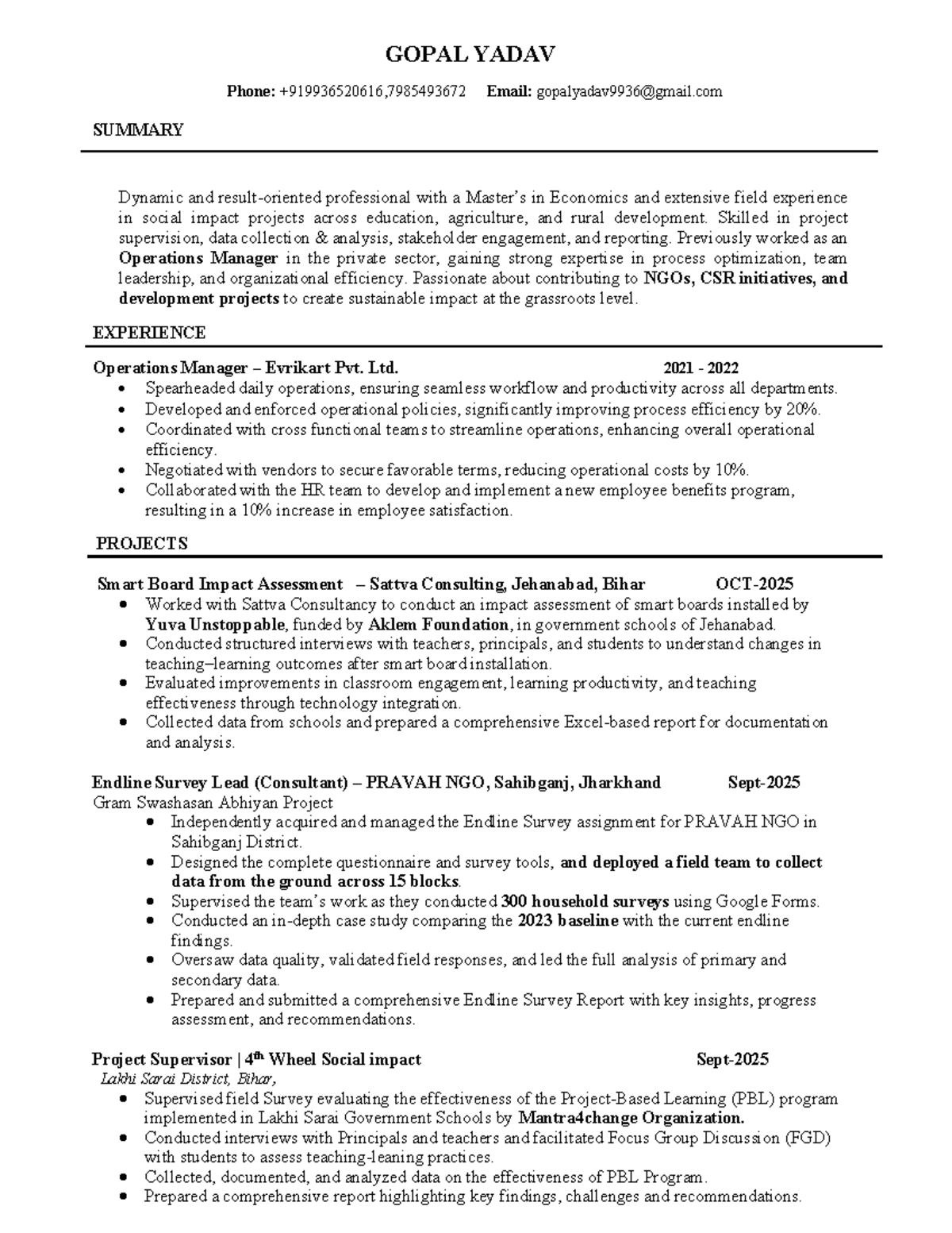 Curriculum Vitae - Gopal Yadav: Social Impact & Project Management ...