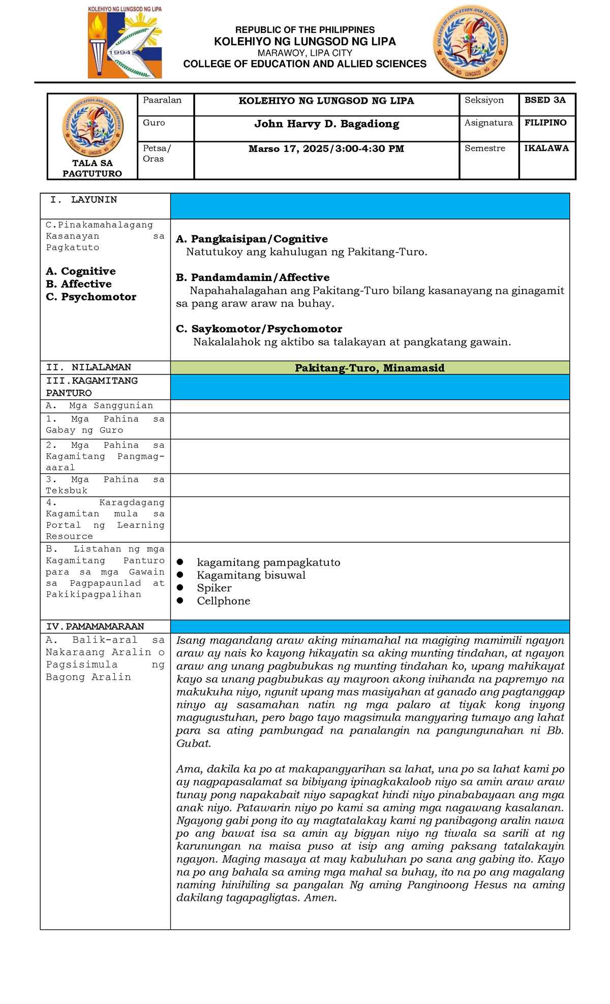 Final DEMO March 17 - SAMPLE LESSON PLAN - KOLEHIYO NG LUNGSOD NG LIPA ...
