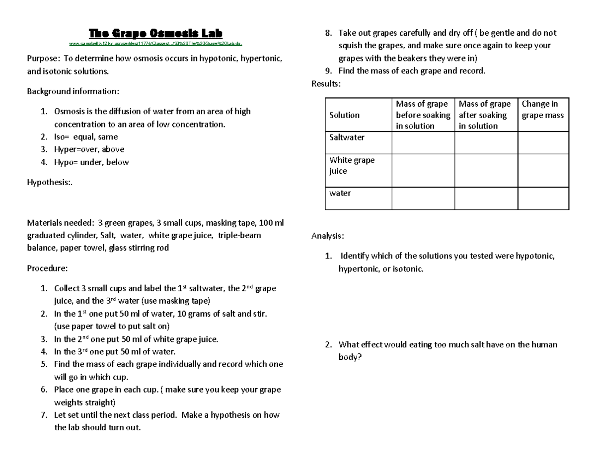 Lab Report: Osmosis & Diffusion in Grape Experiment (Biology 101) - Studocu