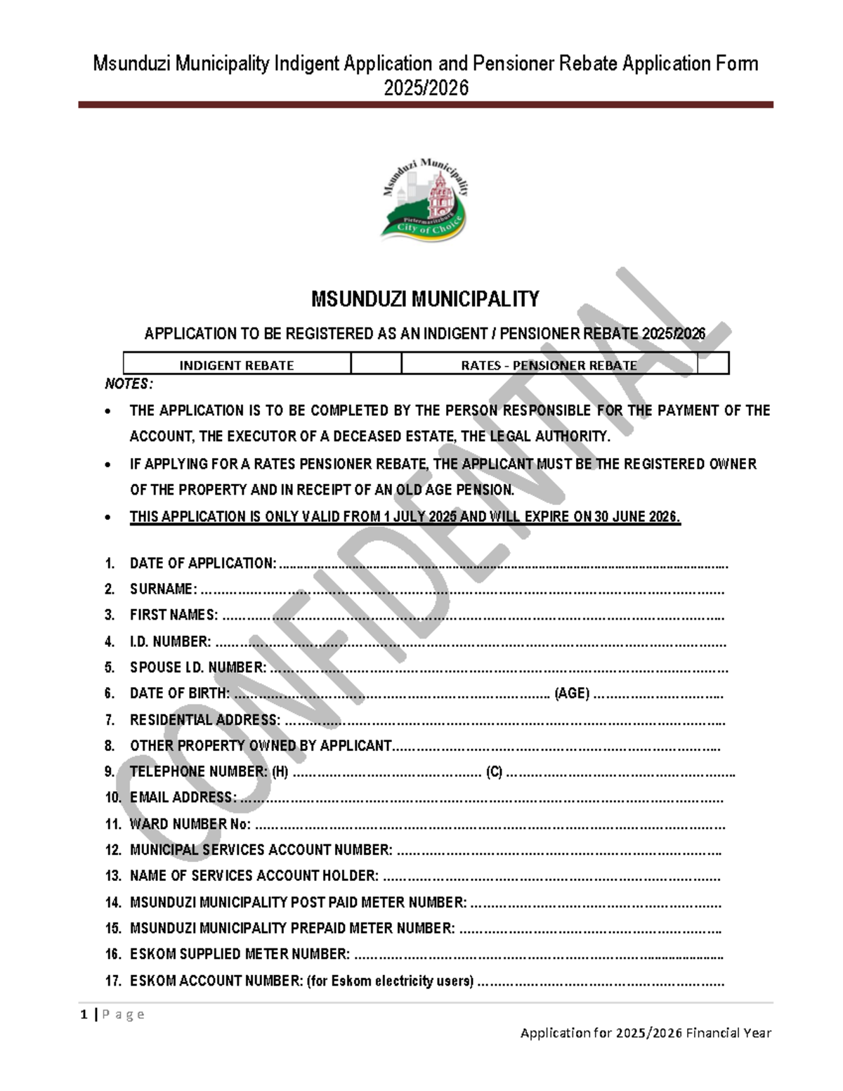 MSUNDUZI MUNICIPALITY INDIGENT APPLICATION 2025-2026 - Studocu