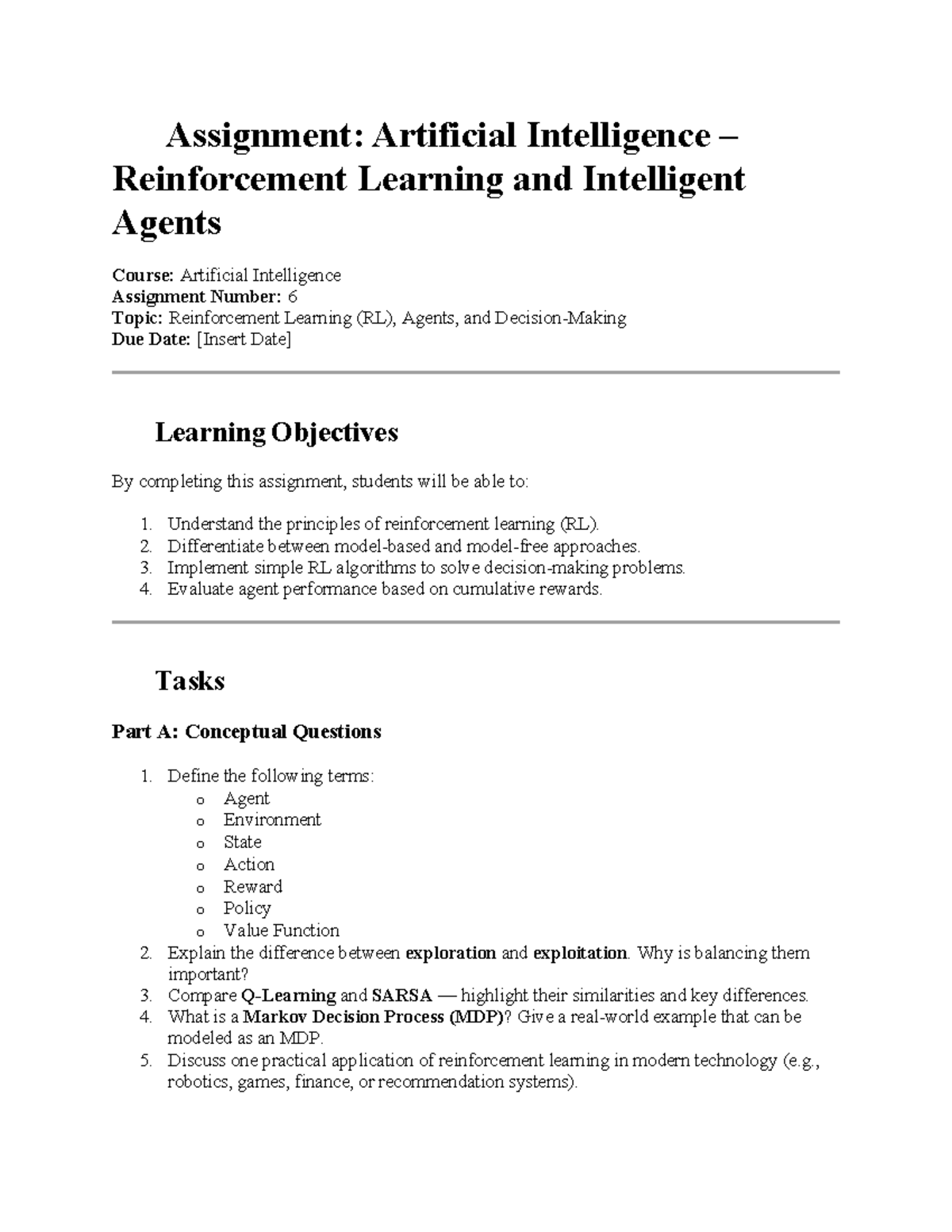 Assignment 6: Reinforcement Learning & Intelligent Agents in AI - Studocu