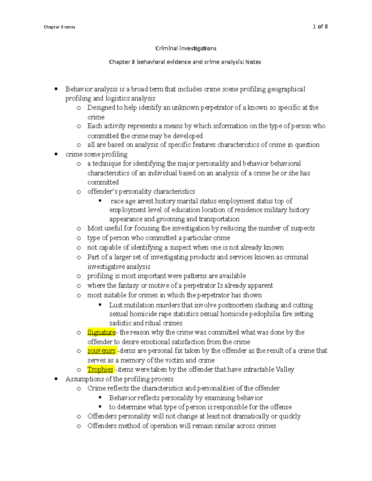 Chapter 8: Behavioral Evidence & Crime Analysis Notes (Criminal ...