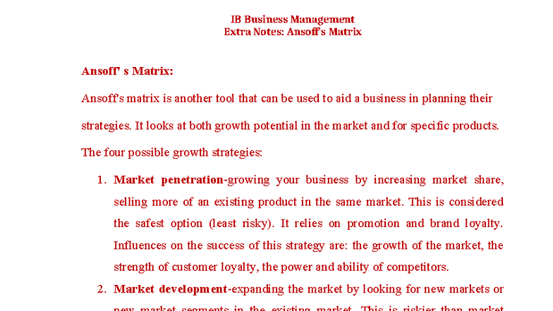 IB Business Management Extra Notes: Ansoff Matrix Strategies - Studocu