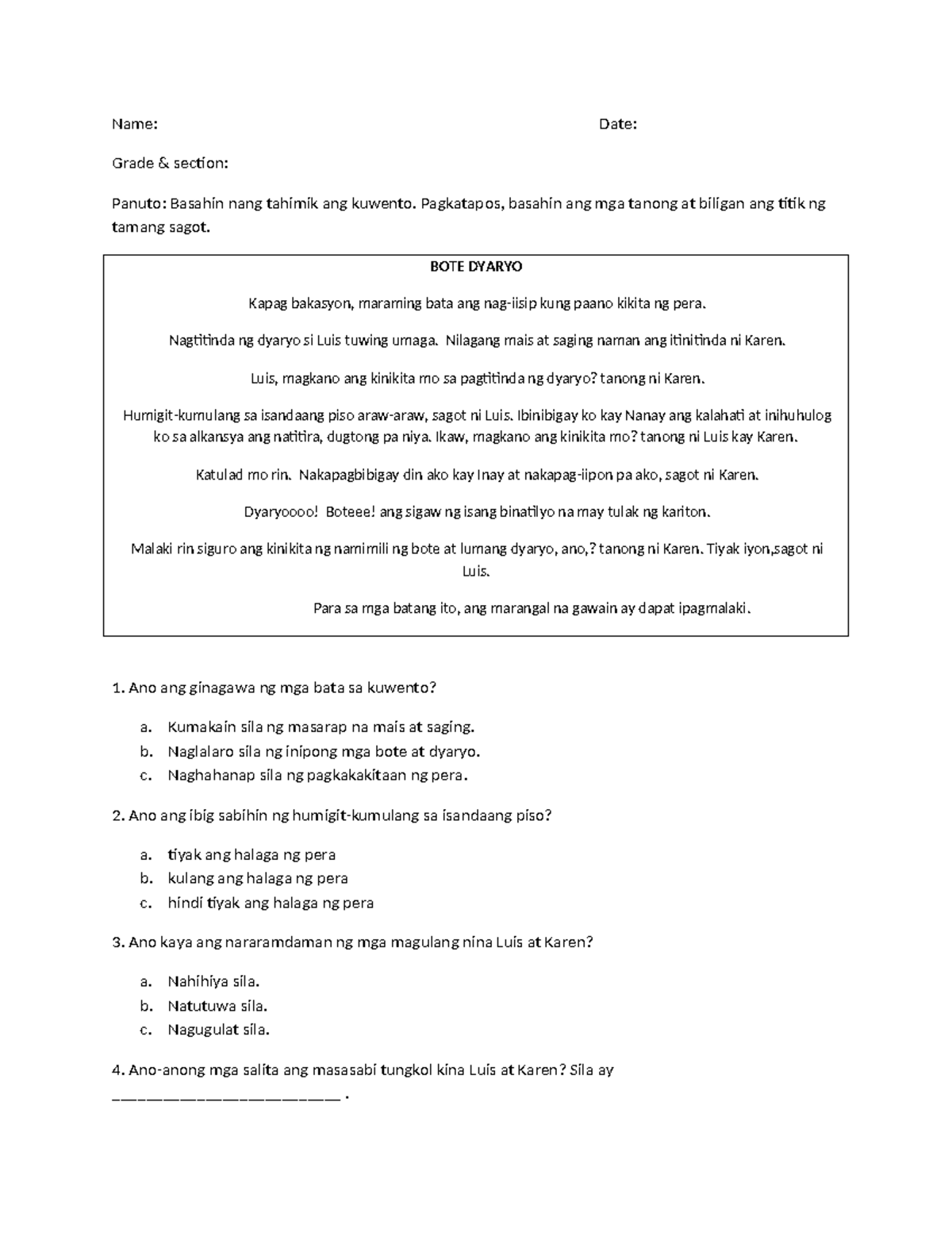POST TEST FIL 1 - Post test in Filipino Grade 4 - Name: Date: Grade ...