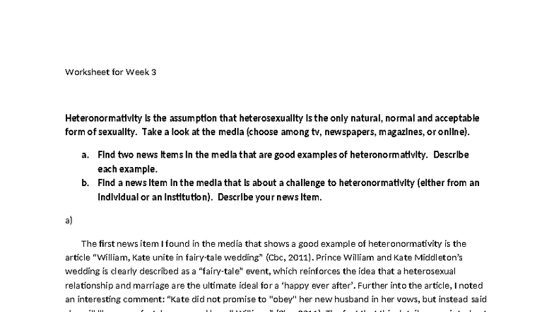SOCI 276 - Worksheet 3: Exploring Heteronormativity in Media - Studocu