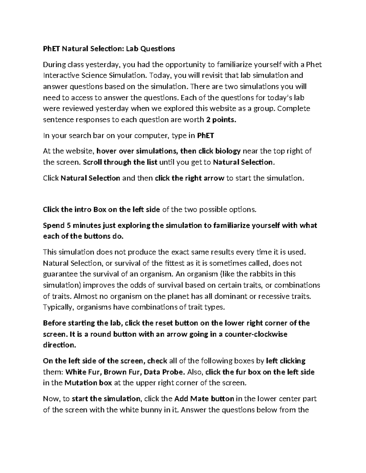 Biology 101 Natural Selection Lab Questions and Answers Guide - Studocu