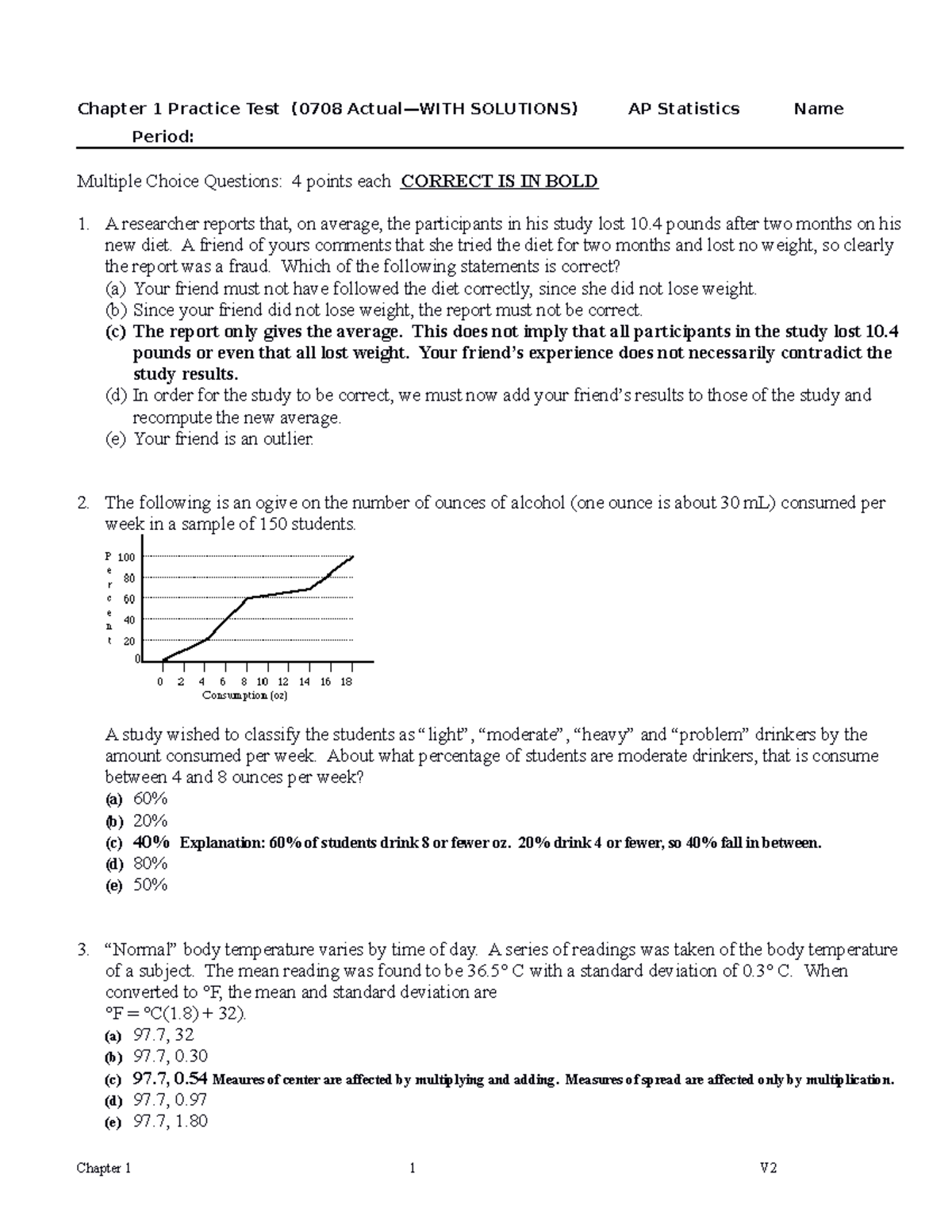 AP Stats CH1 Practice Test 0708 with Detailed Solutions - Studocu
