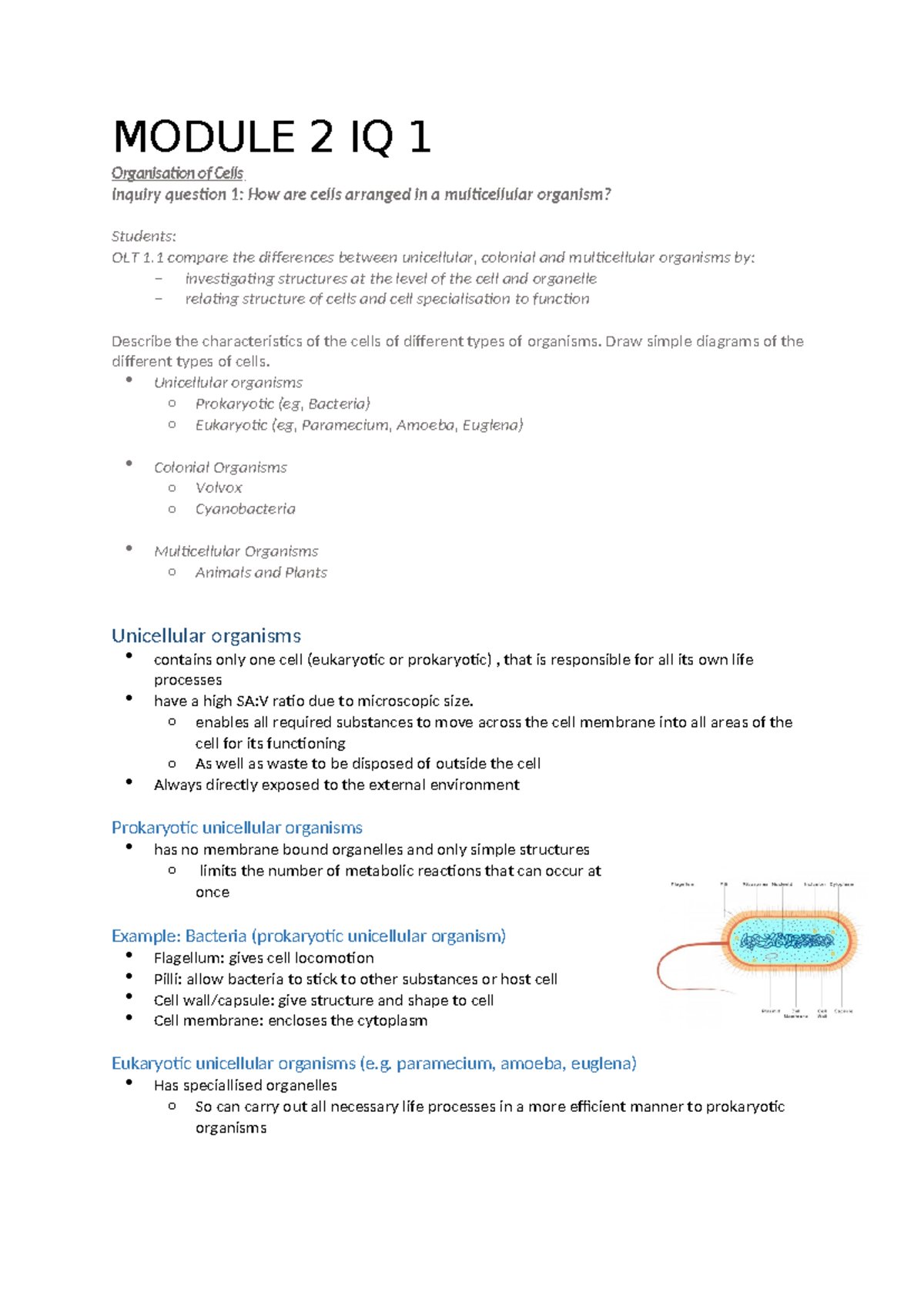 Preliminary biology module 2 notes - MODULE 2 IQ 1 Organisation of ...