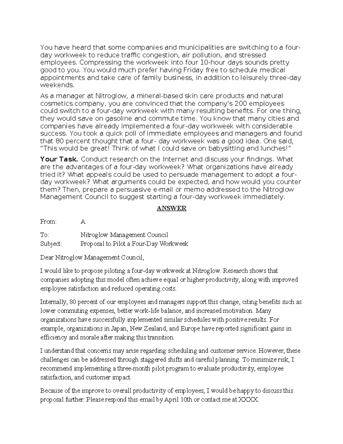 Proposal for Nitroglow's 4-Day Workweek Pilot Program - Studocu