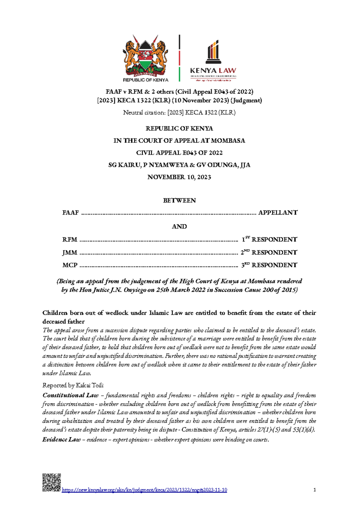FAAF v RFM 2 others (Civil Appeal E043of2022) 2023KECA1322(KLR ...