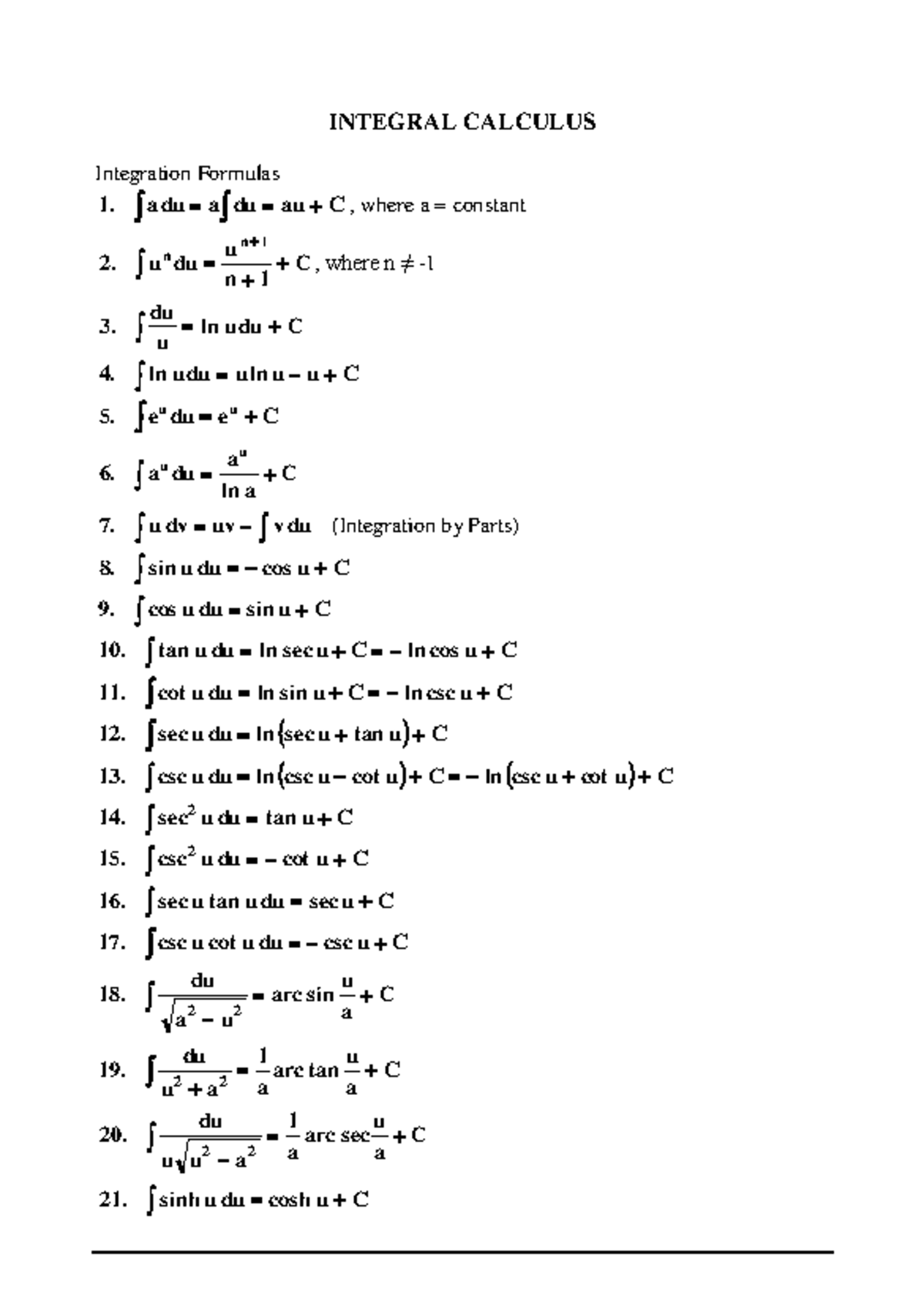 Integral Calculus Formulas and Techniques for Exam Preparation - Studocu