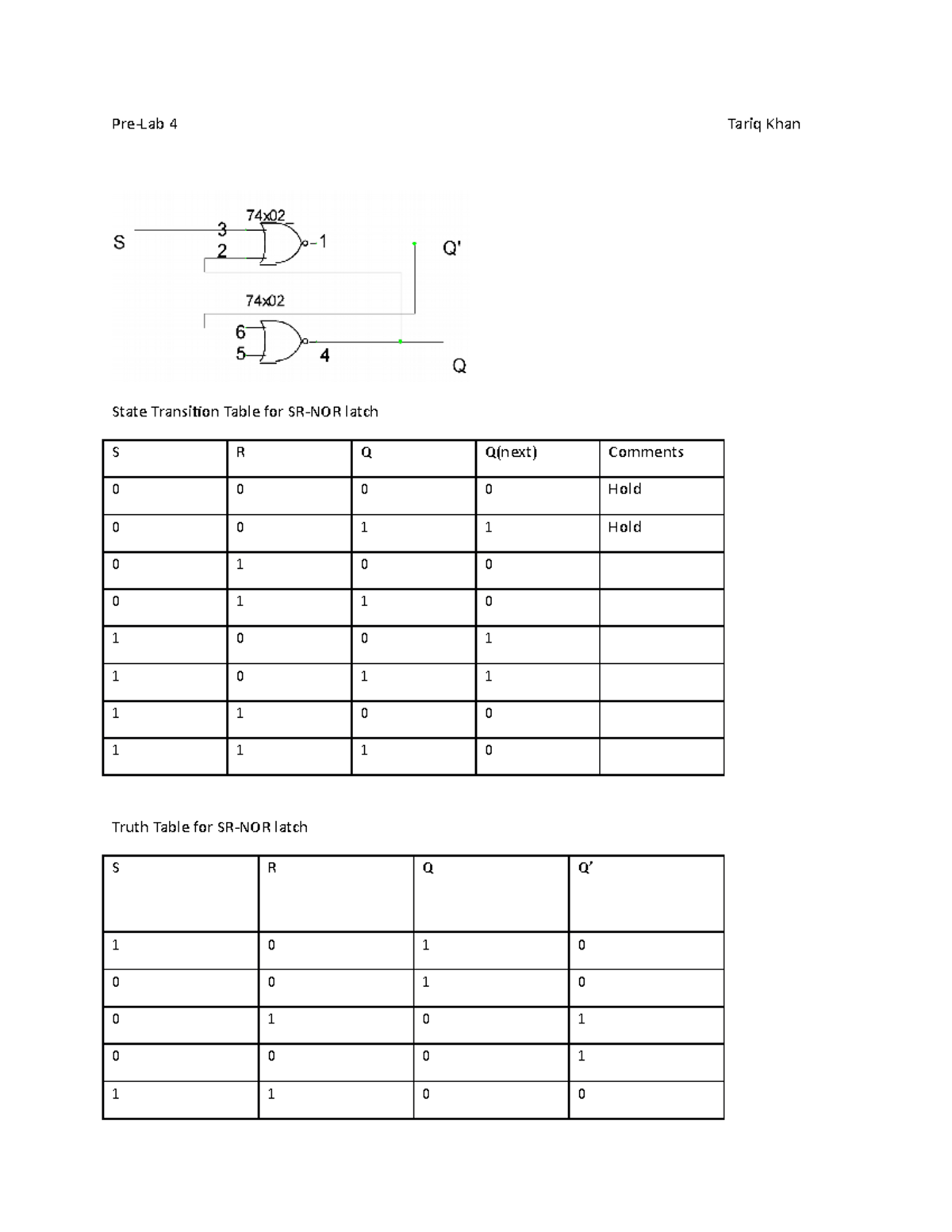 Experiment 4 Pre-Lab: State Transition & Truth Tables for Latches - Studocu