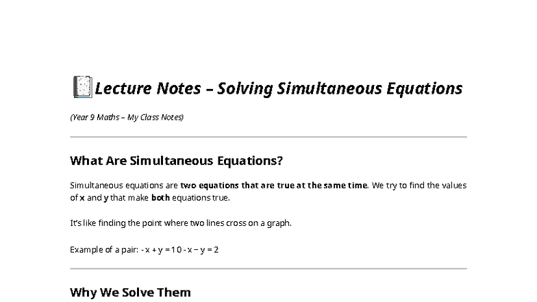 Year 9 Maths: Lecture Notes on Solving Simultaneous Equations - Studocu