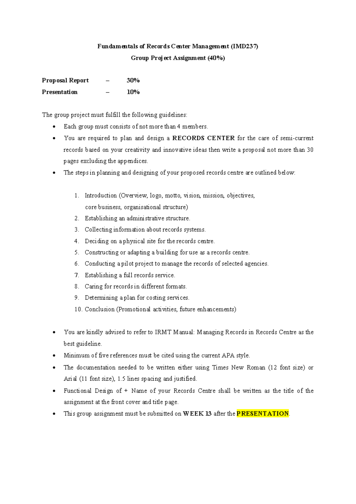 IMD237 Group Assignment: Proposal for a Records Center Management - Studocu