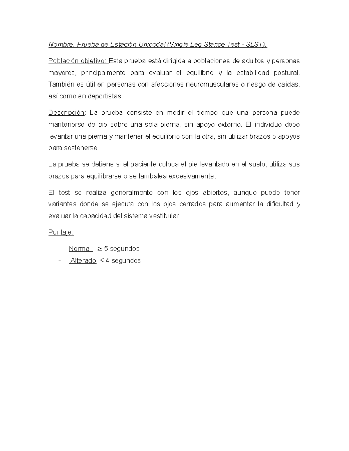 Ficha T. Prueba de Estación Unipodal (SLST) para Adultos y Mayores ...