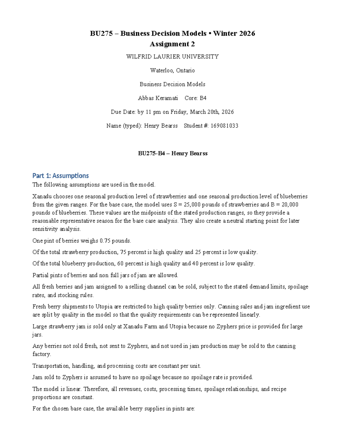 BU275 Business Decision Models Winter 2026 Assignment 2 Analysis - Studocu