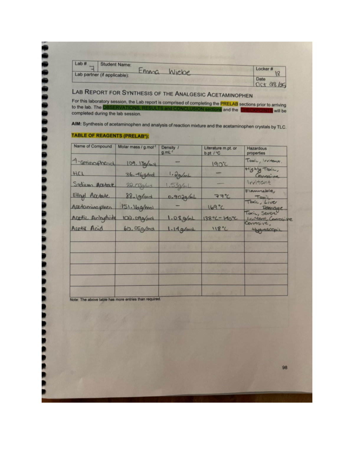Lab 07: Synthesis and Analysis of Acetaminophen Report - Studocu