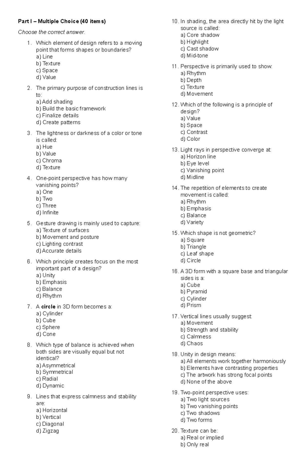 Art Design MCQ Review (Part I) - 40 Questions - Studocu