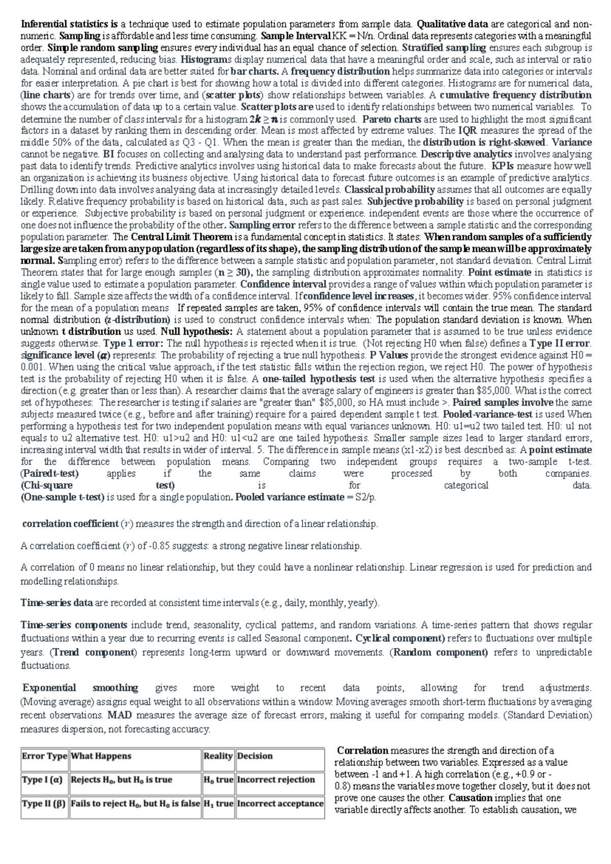 BUSN 101: Comprehensive Notes on Inferential Statistics and Data ...