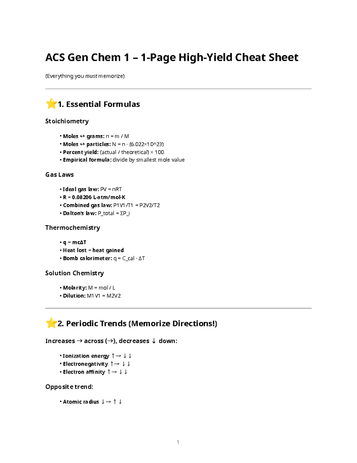ACS Gen Chem 1 Cheat Sheet: Essential Formulas & Concepts - Studocu