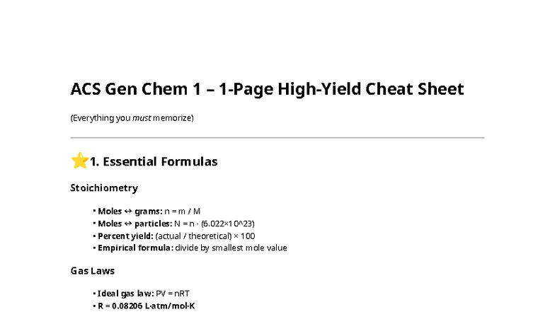 ACS Gen Chem 1 Cheat Sheet: Essential Formulas & Concepts - Studocu