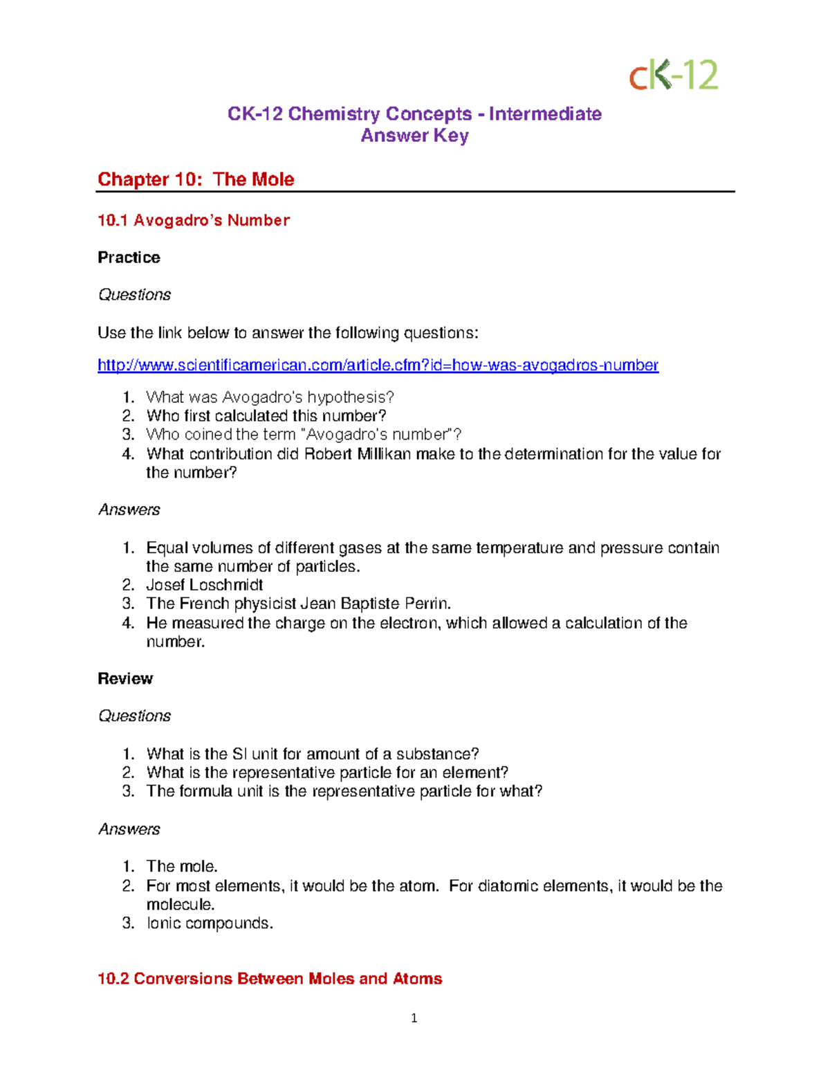 Chem Int CC Ch 10 - The Mole: Comprehensive Answer Key - Studocu