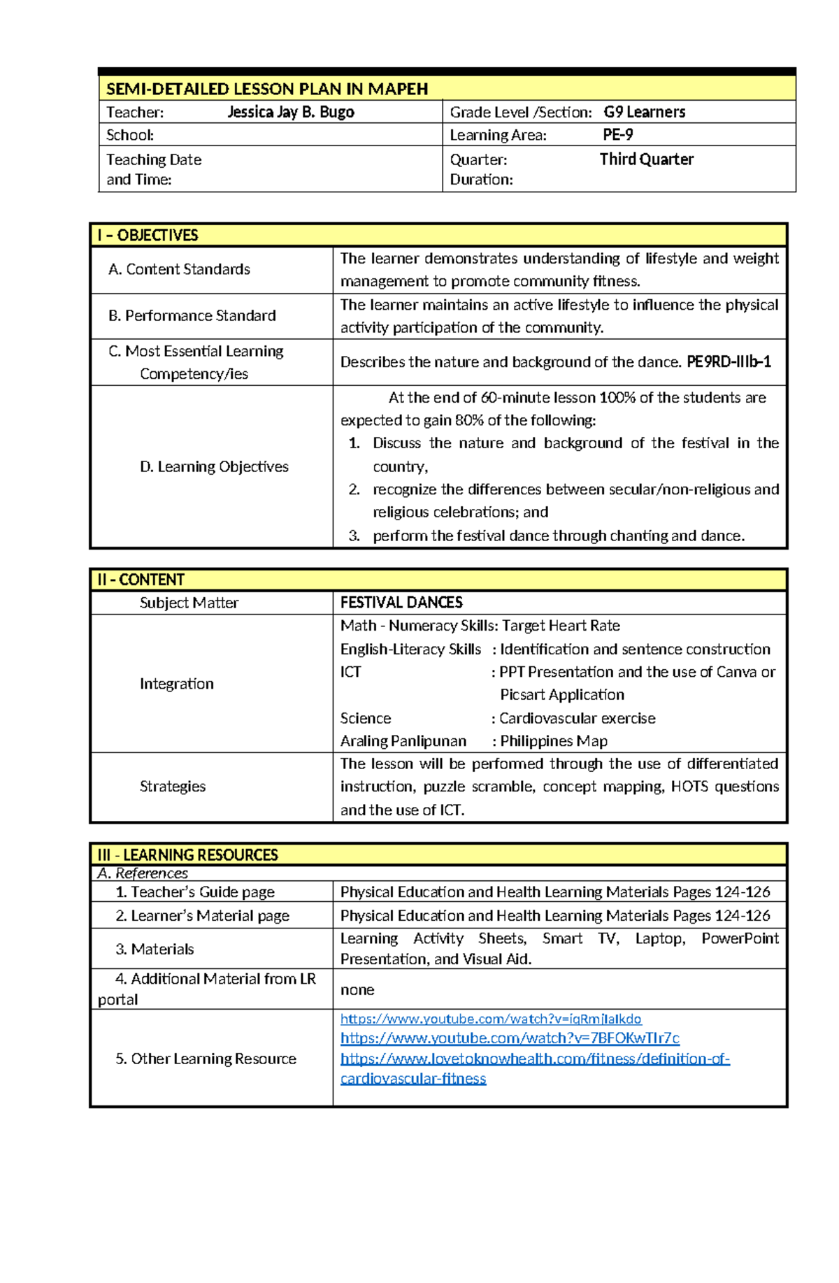 Cranzo Final DEMO G9 (Festival Dance) - SEMI-DETAILED LESSON PLAN IN ...