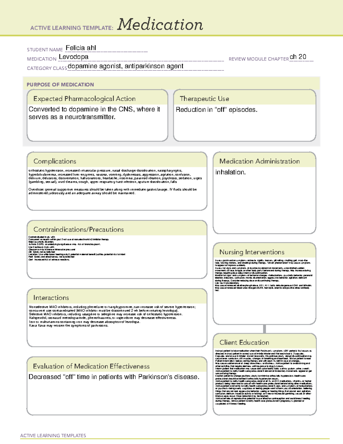 Levodopa (Ch 20) - Drug Cards for Parkinson's Disease Management - Studocu