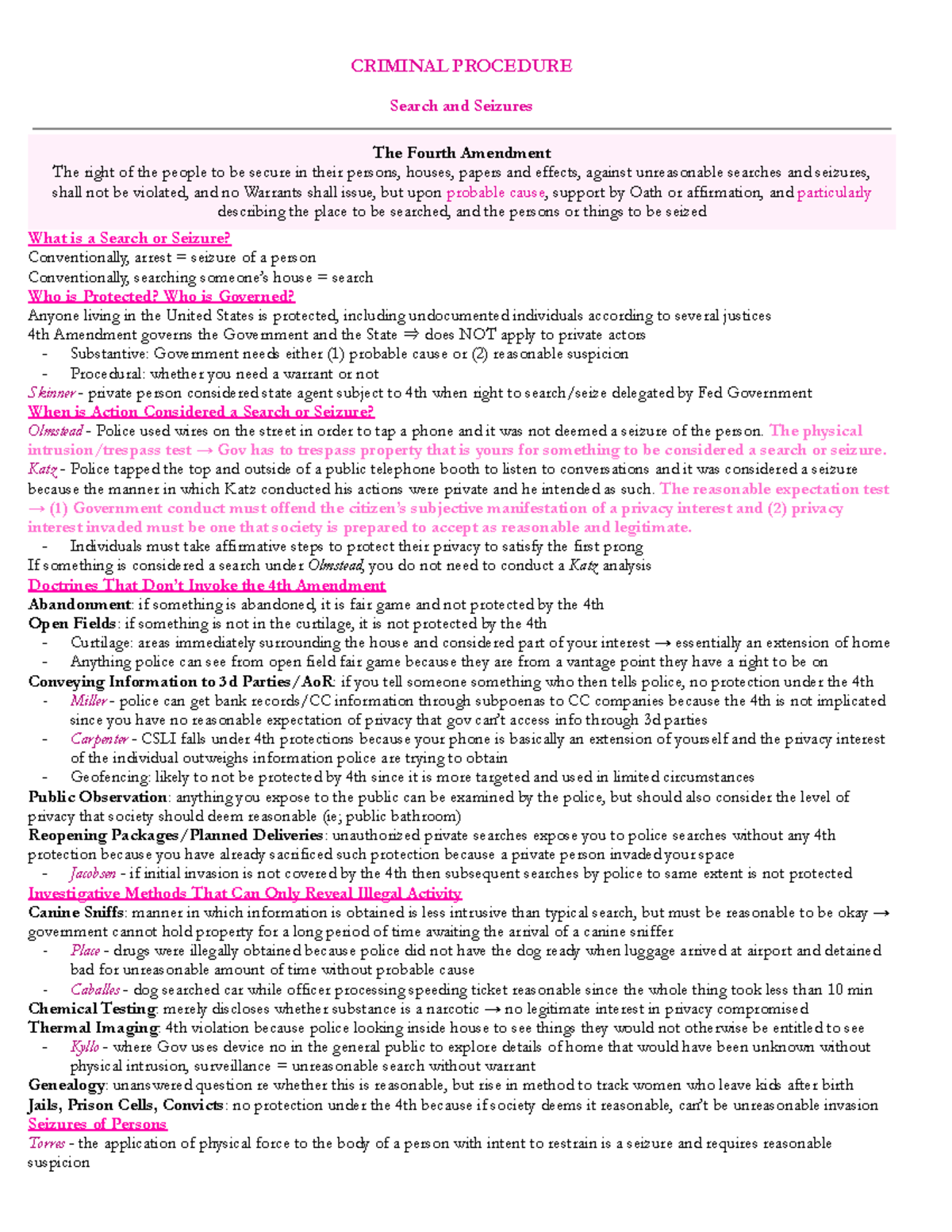 CRIMINAL PROCEDURE Outline: Search and Seizures Under the 4th Amendment ...