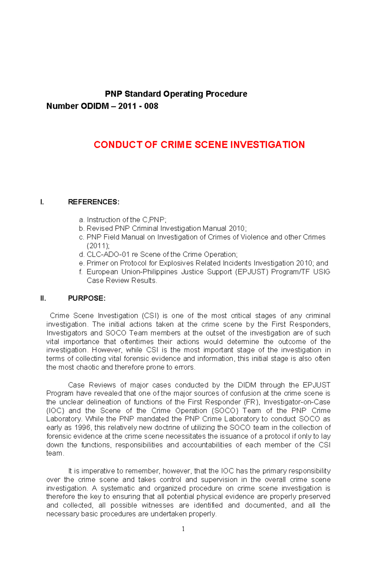 PNP SOP ODIDM 2011 008: Conducting Effective Crime Scene Investigations ...
