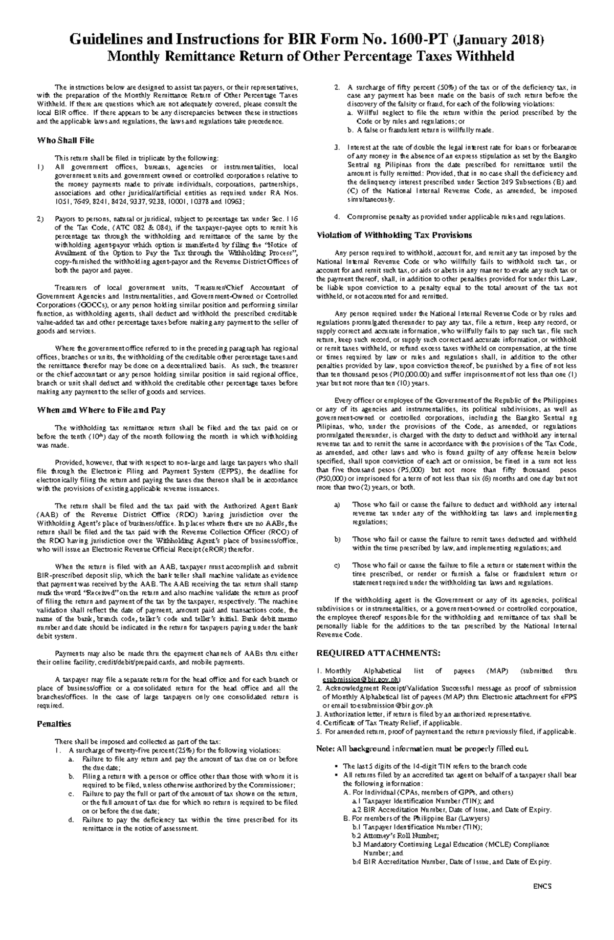 BIR Form No. 1600-PT 2018 Monthly Remittance Guidelines - Studocu