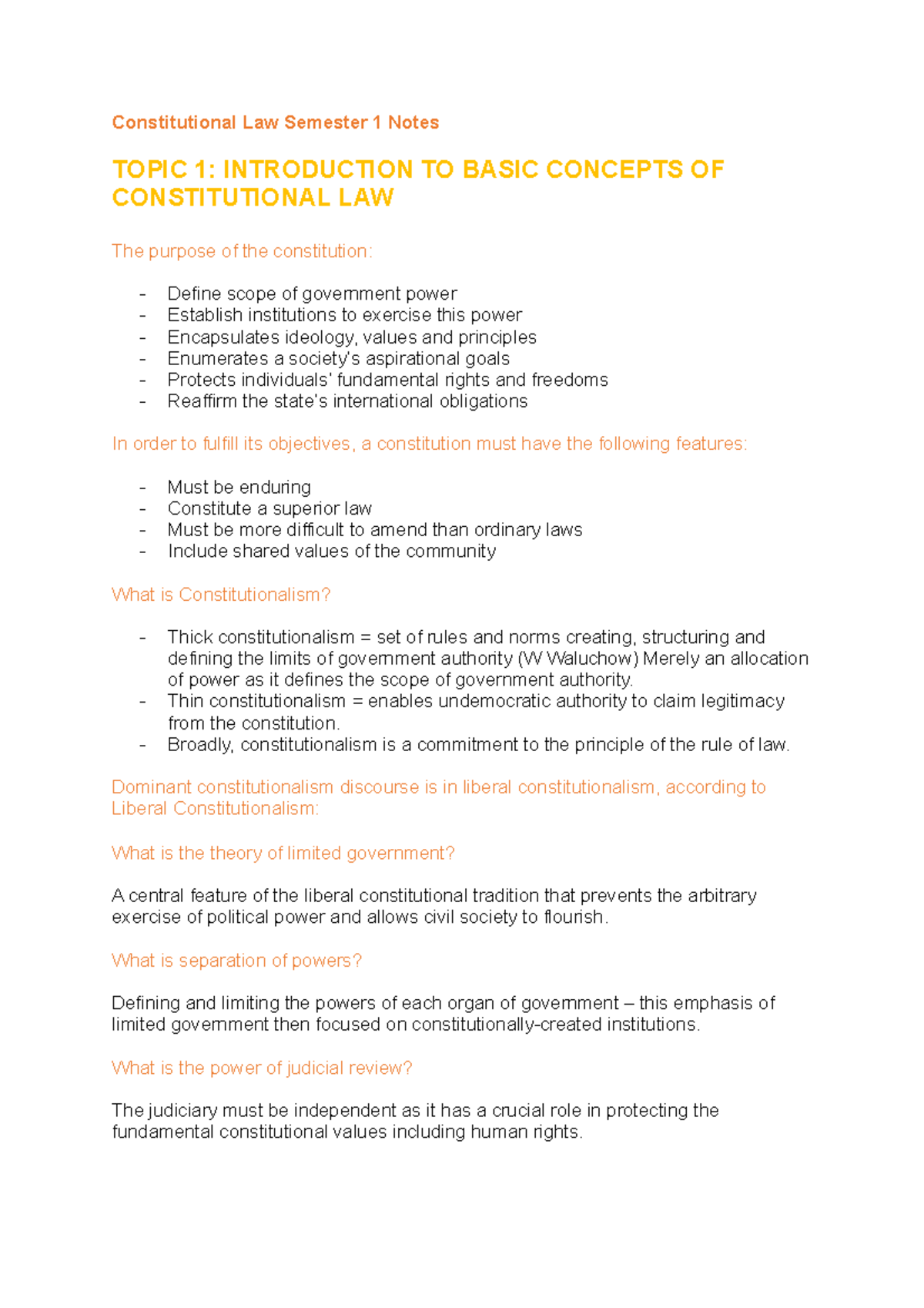 Topic 1 Constitutionalism notes - Constitutional Law Semester 1 Notes ...