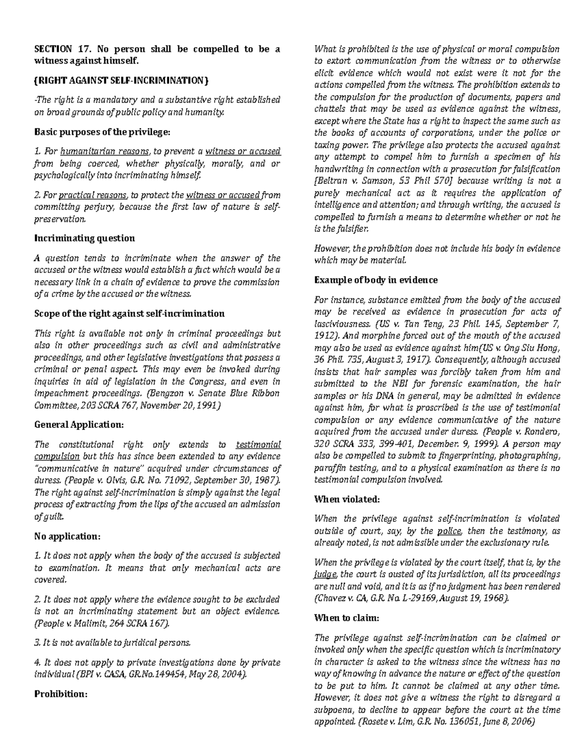 Midterms ART 3 Section 17 - SECTION 17. No person shall be compelled to ...