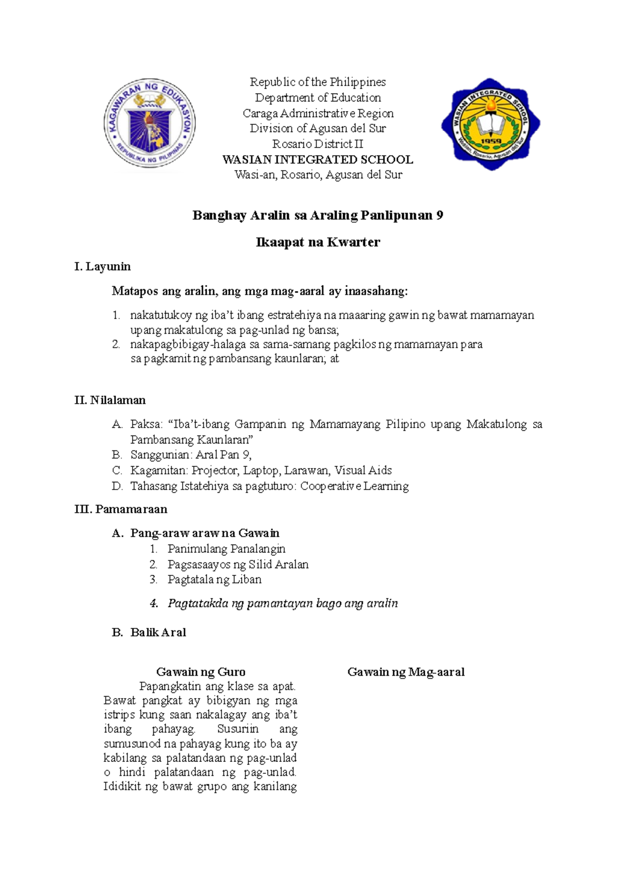 Aral Pan 9 - Lesson Plan on Role of Filipinos in National Development ...
