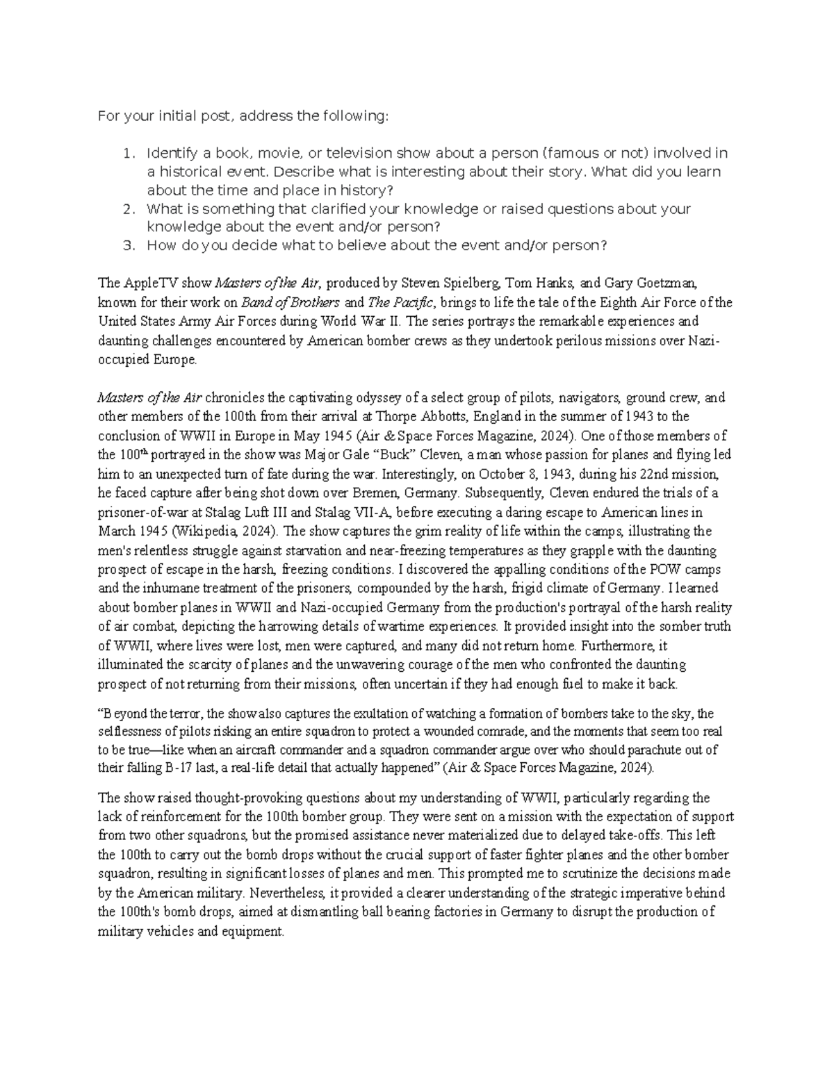 HIS262 Module 3 Discussion: Exploring Masters of the Air & WWII History ...