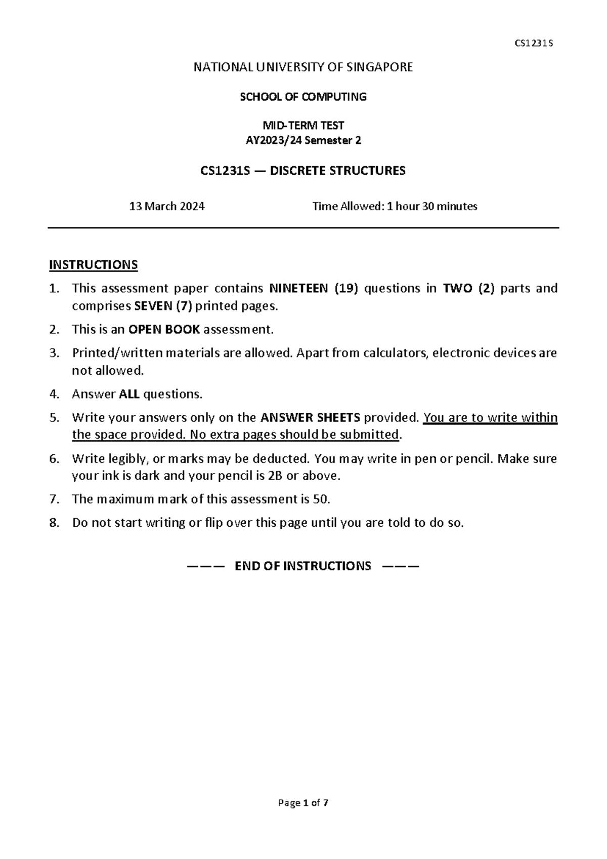 CS1231S Midterm Exam Questions - Discrete Structures 2023 Semester 2 ...