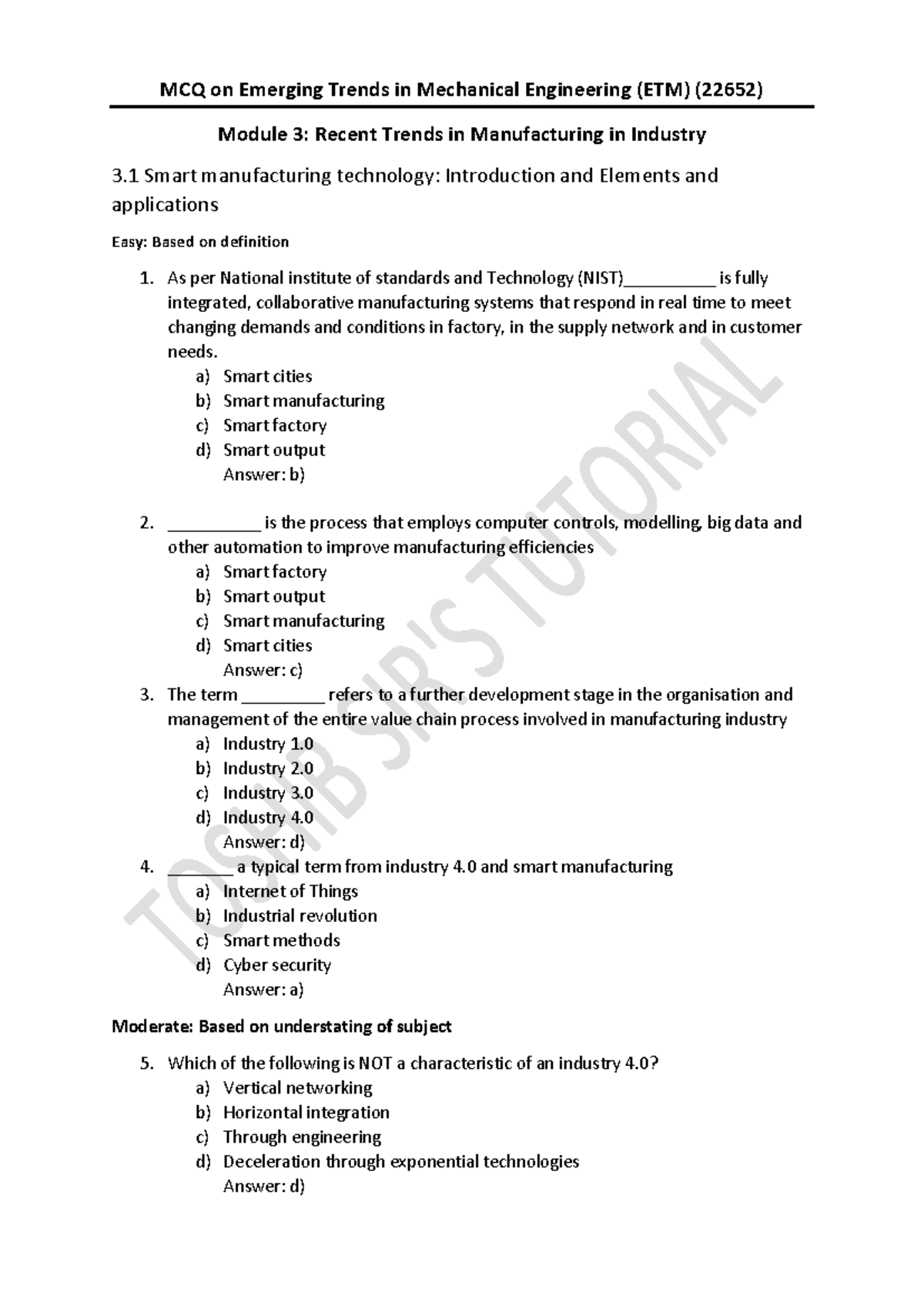 MCQ on Emerging Trends in Mechanical Engineering (ETM) (22652) Modules 3, 4 & 5 - Studocu