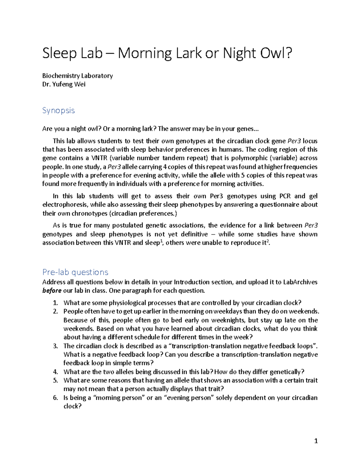 Sleep Lab (Biochemistry 101) - Investigating Circadian Rhythms - Studocu