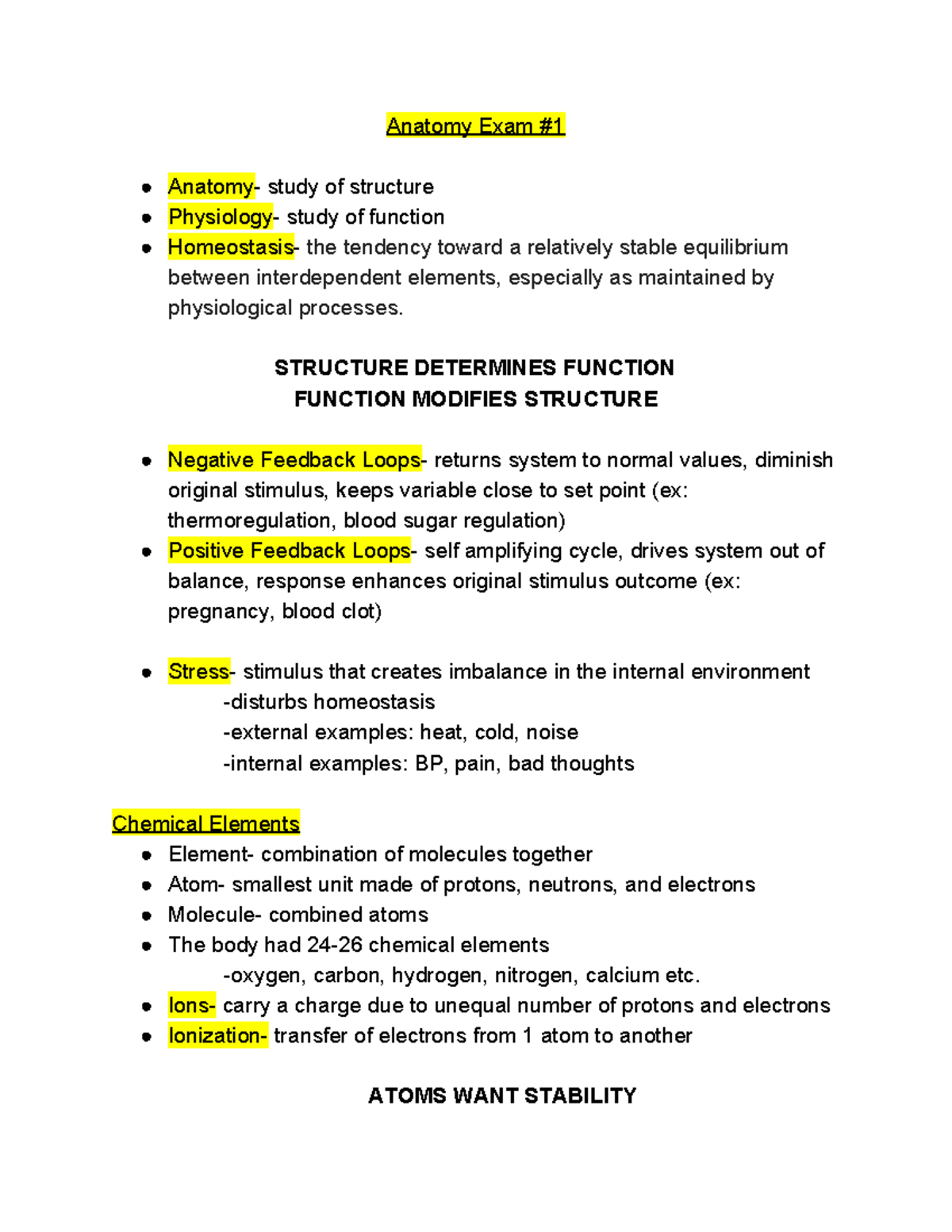 Anatomy Exam #1 - Comprehensive Lecture Notes (Ch. 1-4) - Studocu