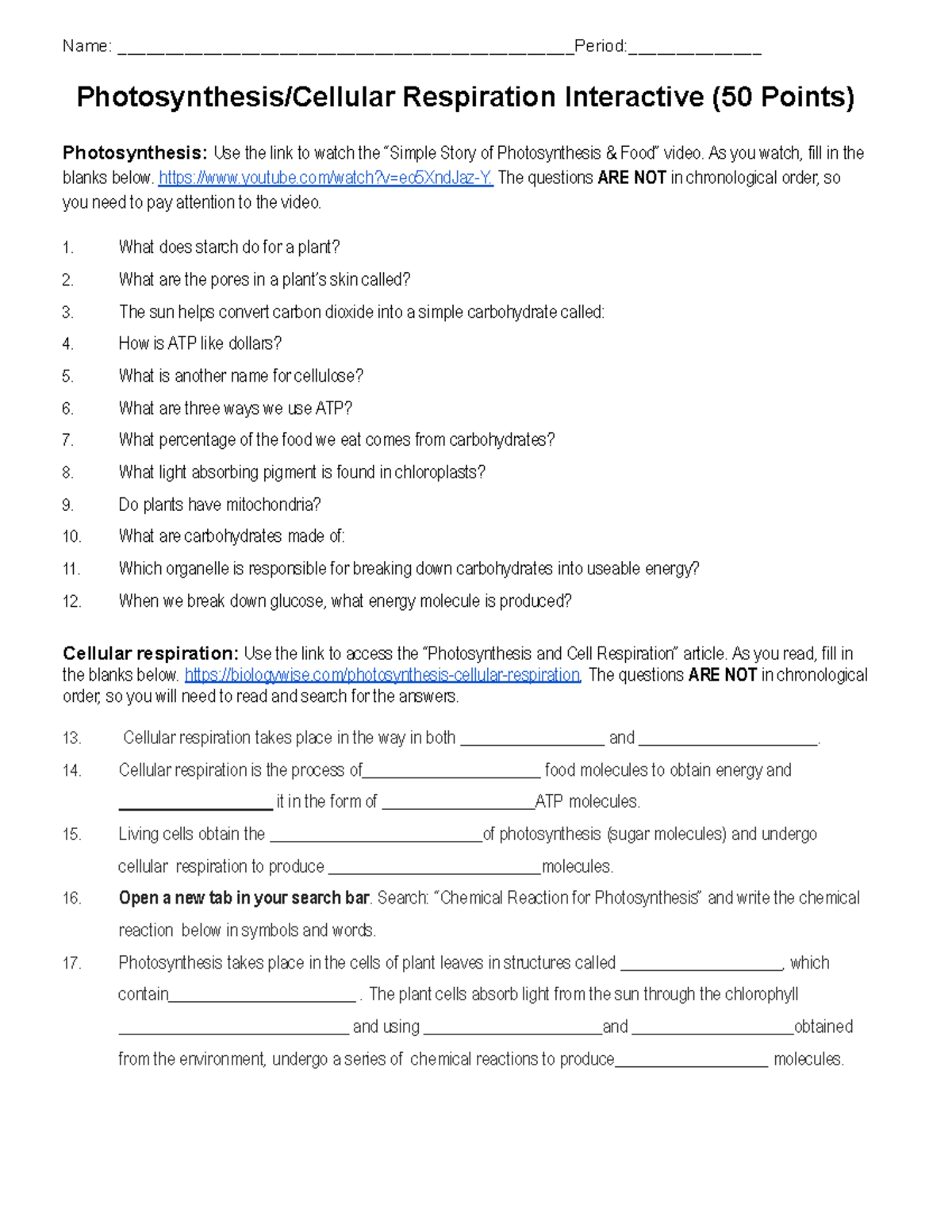 Photosynthesis Cellular Respiration Interactive - Name